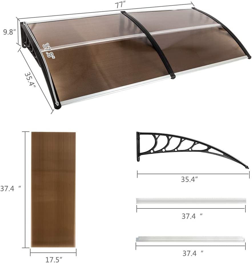 Simply-Me 40" x 80" Door Window Awning Polycarbonate Cover Front Door Outdoor Patio Awning Canopy UV Rain Snow Protection Hollow Sheet (Brown & Black Bracket)