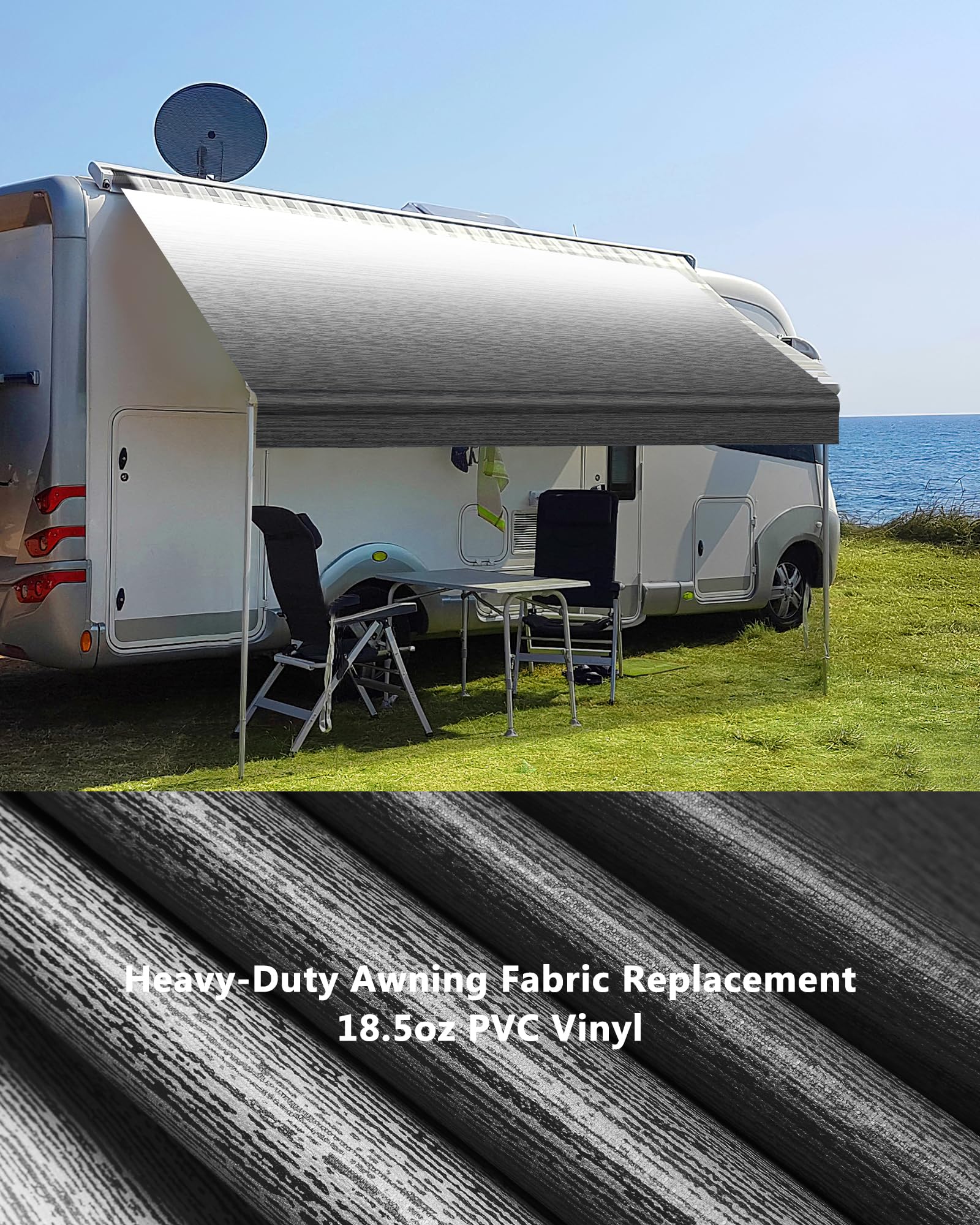 Xenjum RV Awning Fabric Replacement, 18.5oz Heavy-Duty Weatherproof Vinyl Camper Awning Replacement Universal Outdoor Canopy for RV, Trailer, and Motorhome Awnings-Black Fade- 15'(Fabric 14'2")