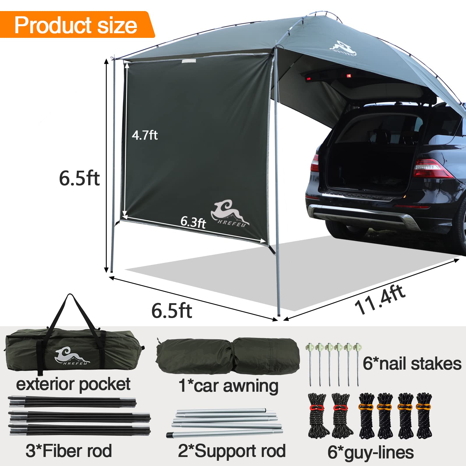 HREFEU SUV Tailgate Tent with Awning,Waterproof 3000MM UPF 50+,Tailgate Shade Awning Tent for Full Size SUV/Van/MPV/CUVCamping (Large Size)