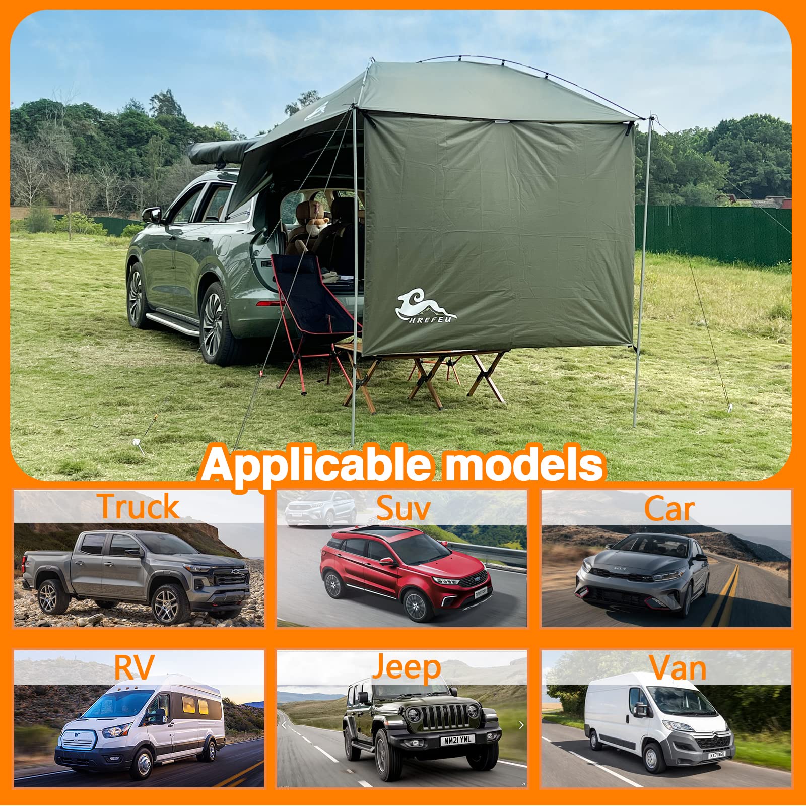 HREFEU SUV Tailgate Tent with Awning,Waterproof 3000MM UPF 50+,Tailgate Shade Awning Tent for Full Size SUV/Van/MPV/CUVCamping (Large Size)