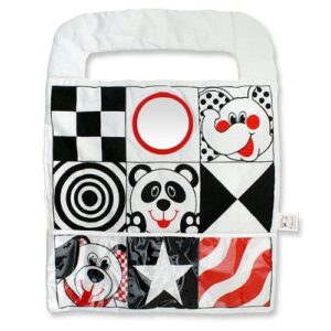 reversible car activity center toy for baby in black, white and red, easy to attach, with baby safe mirror