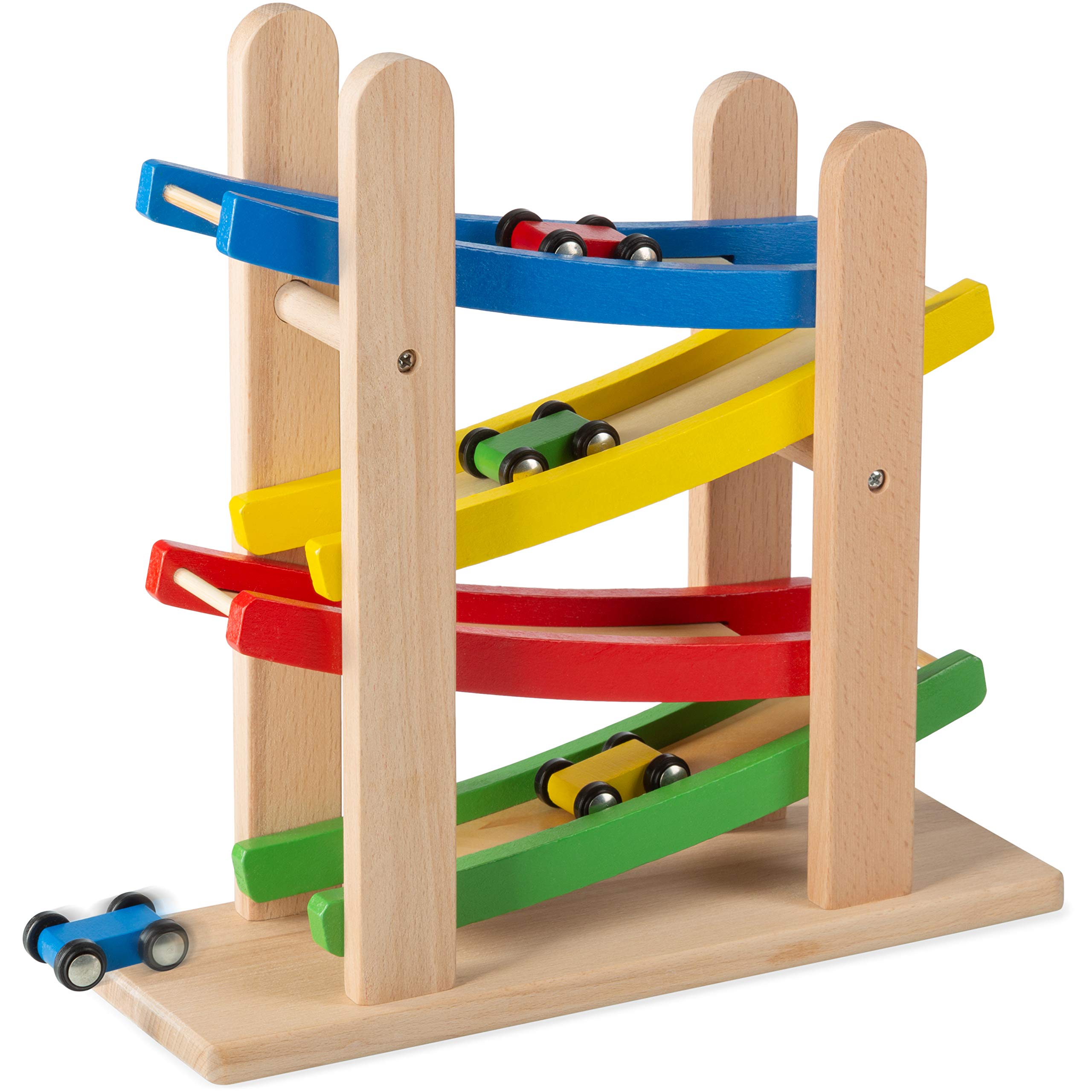 Play22 Wooden Car Ramps Race - 4 Level Toy Car Ramp Race Track includes 4 Wooden Toy Cars - My First Baby Toys - Toddler Race Car Ramp Toy Set is A Great Gift for Boys and Girls - Original by Play22