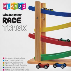 Play22 Wooden Car Ramps Race - 4 Level Toy Car Ramp Race Track includes 4 Wooden Toy Cars - My First Baby Toys - Toddler Race Car Ramp Toy Set is A Great Gift for Boys and Girls - Original by Play22