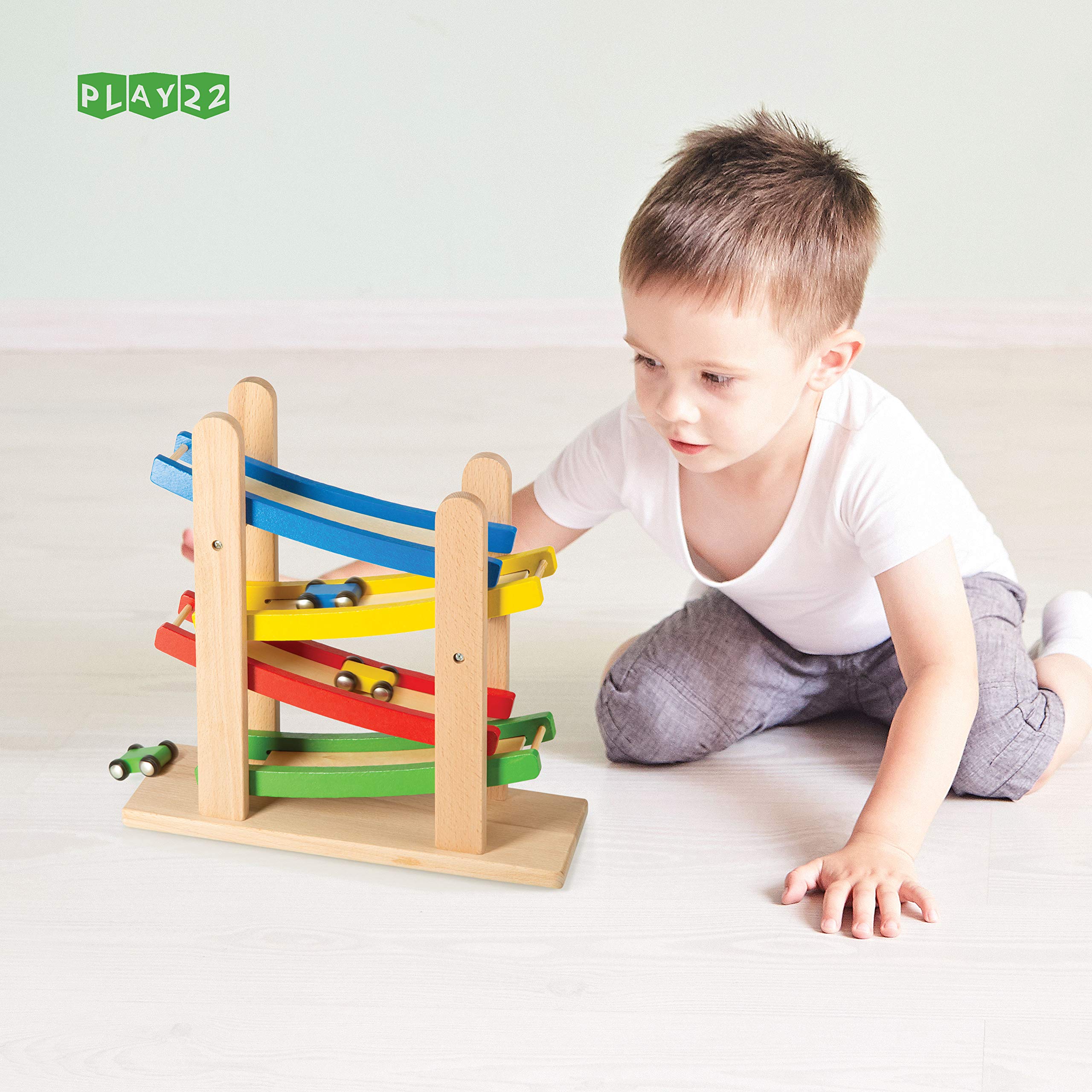 Play22 Wooden Car Ramps Race - 4 Level Toy Car Ramp Race Track includes 4 Wooden Toy Cars - My First Baby Toys - Toddler Race Car Ramp Toy Set is A Great Gift for Boys and Girls - Original by Play22