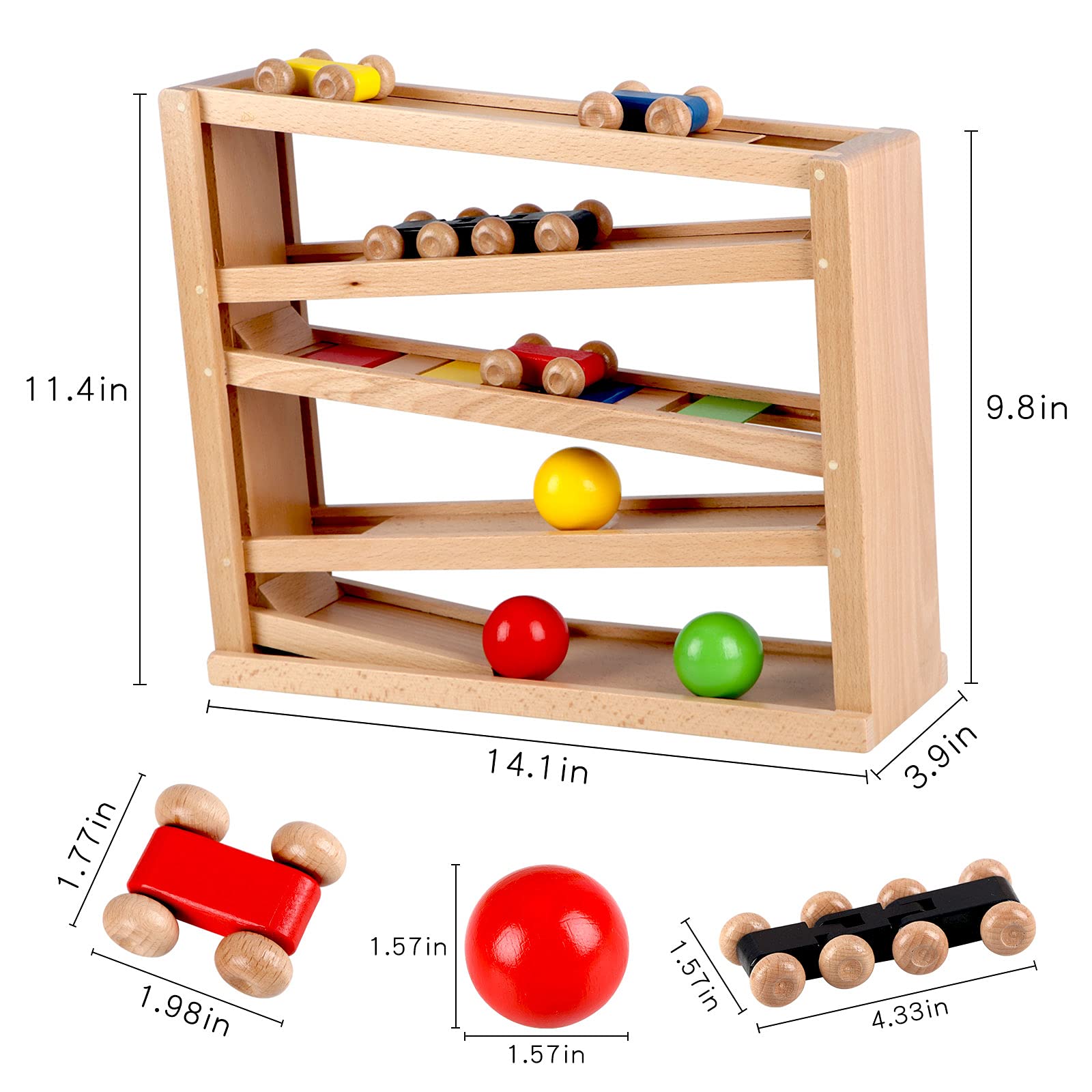 Qilay Wooden Race Track Car Ramp Racer Toy for Toddlers, 5 Level Race Car Ramp Toy Set includes 4 Wood Cars and 3 Balls,Great Building Learning Toys or 3+ Years Old Boy and Girl