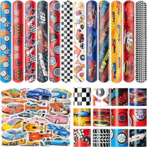 Haooryx 74PCS Racing Car Slap Bracelets 50PCS Race Car Stickers Party Favors Racing and Speed Themed Wristband Checkered Flags Slap Bracelets for Kids Car Birthday Party Classroom Rewards Supplies