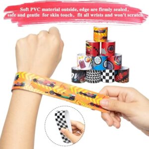 Haooryx 74PCS Racing Car Slap Bracelets 50PCS Race Car Stickers Party Favors Racing and Speed Themed Wristband Checkered Flags Slap Bracelets for Kids Car Birthday Party Classroom Rewards Supplies