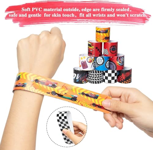 Haooryx 74PCS Racing Car Slap Bracelets 50PCS Race Car Stickers Party Favors Racing and Speed Themed Wristband Checkered Flags Slap Bracelets for Kids Car Birthday Party Classroom Rewards Supplies