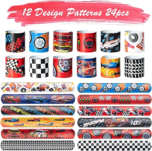 Haooryx 74PCS Racing Car Slap Bracelets 50PCS Race Car Stickers Party Favors Racing and Speed Themed Wristband Checkered Flags Slap Bracelets for Kids Car Birthday Party Classroom Rewards Supplies