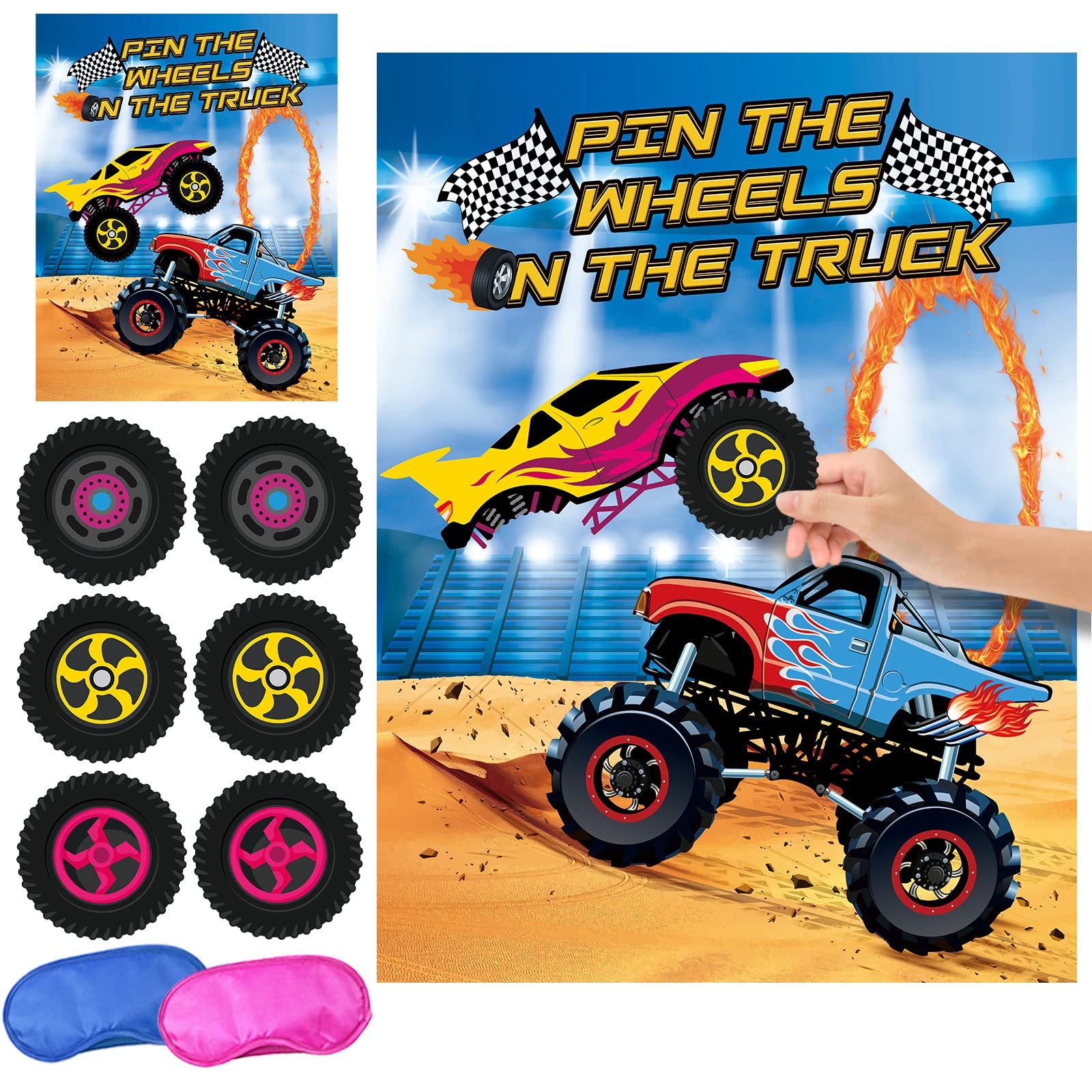 Truck Party Games Pin The Wheels On The Truck Poster with 36 Wheel Stickers Wheels Stickers for Kids Adults Truck Themed Birthday Party Baby Shower Decor Supplies Race Car Sticker Family Glass Game