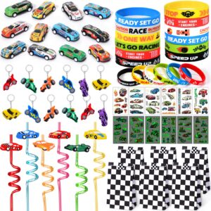 winrayk race car party favors birthday supplies drinking straw checkered bag mini pull back car bracelet luminous tattoo sticker keychain racing games boys kid race car pinata filler goody bag stuffer