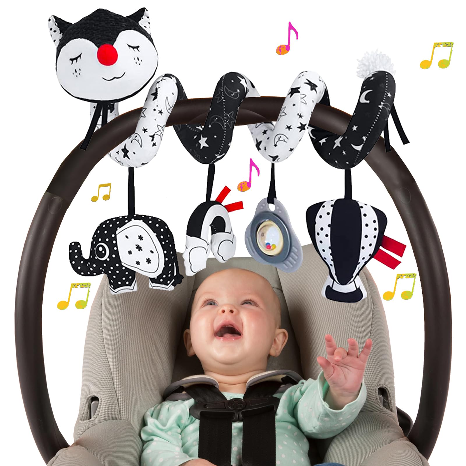 Car Seat Toys for Infants 0-6 Months, High Contrast Baby Toys Black and White Hanging Baby Carseat Toys Stroller Toys 3-6 Months Newborn Developmental Toys 0-3-6-12 Months with Music Rattles