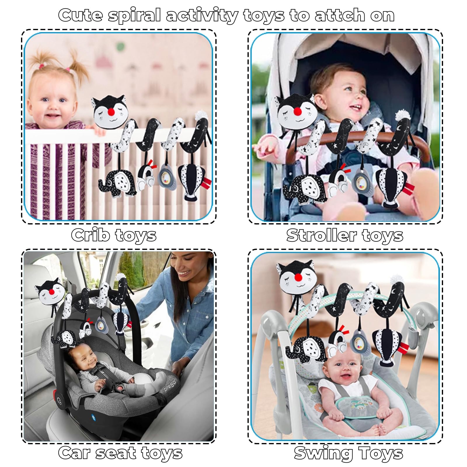 Car Seat Toys for Infants 0-6 Months, High Contrast Baby Toys Black and White Hanging Baby Carseat Toys Stroller Toys 3-6 Months Newborn Developmental Toys 0-3-6-12 Months with Music Rattles