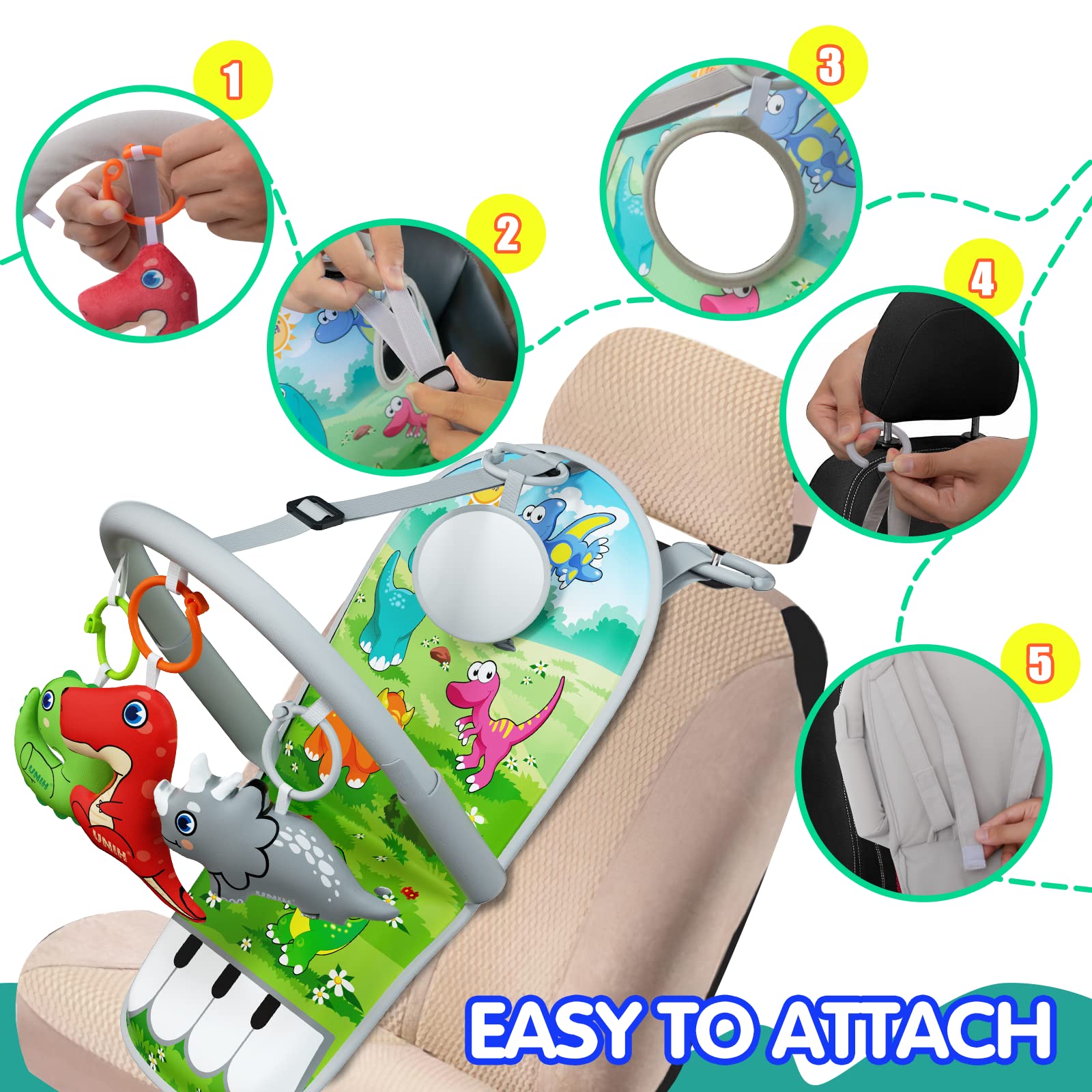 UNIH Car Seat Toys for Baby Infant 6 Months and Up, Pedal Piano Adjustable Carseat Toys with Music, Baby Mirror and Hanging Squeaky Sensory Soft Baby Toys 6 to 12 Months