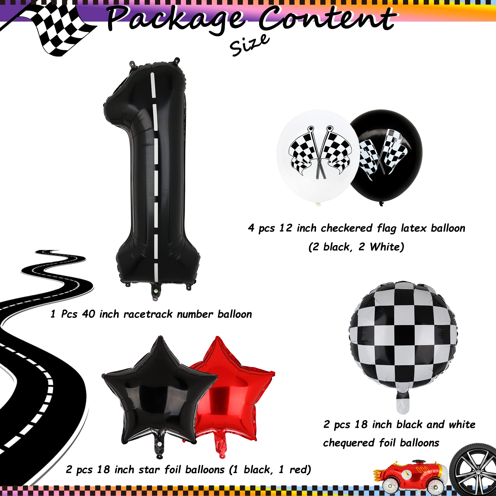 Race Car Balloons 40 Inch Racetrack Number Balloon 1 Black Baby Shower Boys 1st Birthday Race Car Theme Party Decor Supplies Mylar Checkered Flag Latex Balloon 10 Pcs