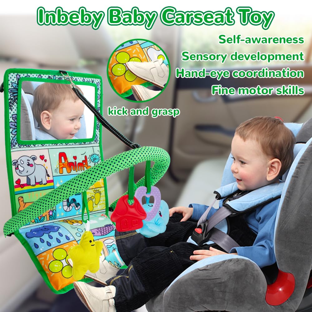 Car Seat Toys Double-Sided Use Kick and Play,Baby Car Toys Rear Facing with Hanging Toy&Teethers,Baby Travel Toys Montessori Baby Tummy Time Mirror Sensory Toys 6 to 12 Months Baby Loves Newborn Gift