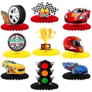 9 pieces race car party decorations race car honeycomb centerpieces racing party table decor double-sided cars photo booth props for birthday baby shower race car theme party supplies