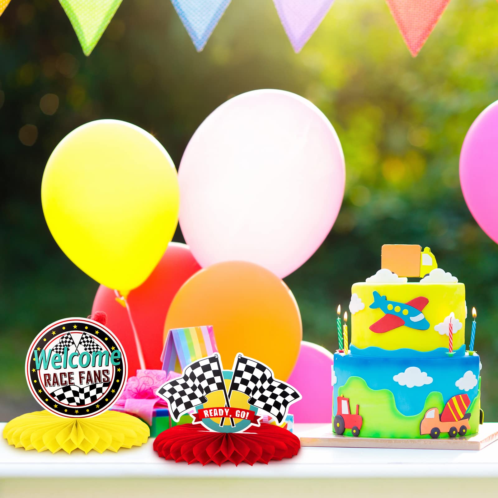 9 Pieces Race Car Party Decorations Race Car Honeycomb Centerpieces Racing Party Table Decor Double-Sided Cars Photo Booth Props for Birthday Baby Shower Race Car Theme Party Supplies