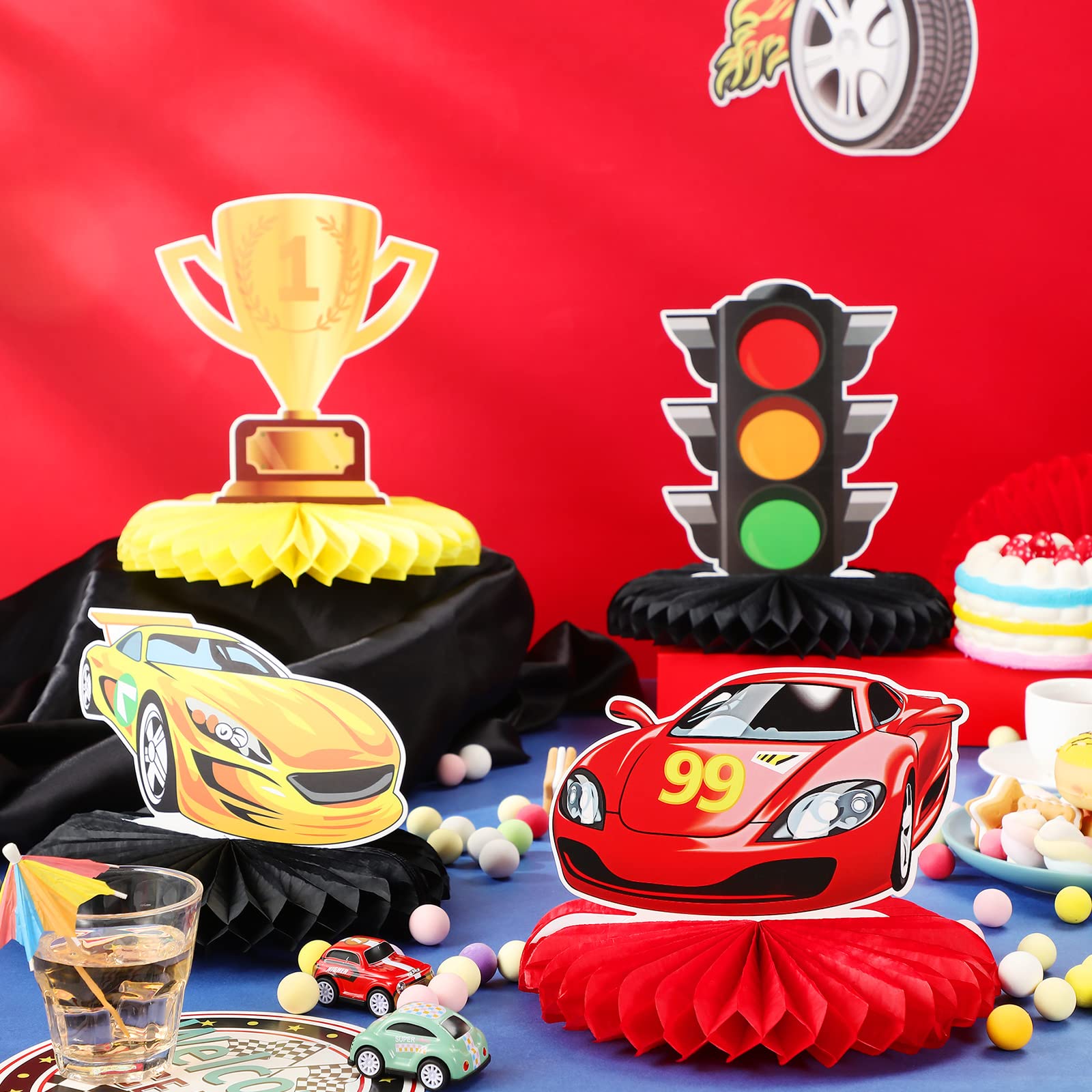 9 Pieces Race Car Party Decorations Race Car Honeycomb Centerpieces Racing Party Table Decor Double-Sided Cars Photo Booth Props for Birthday Baby Shower Race Car Theme Party Supplies