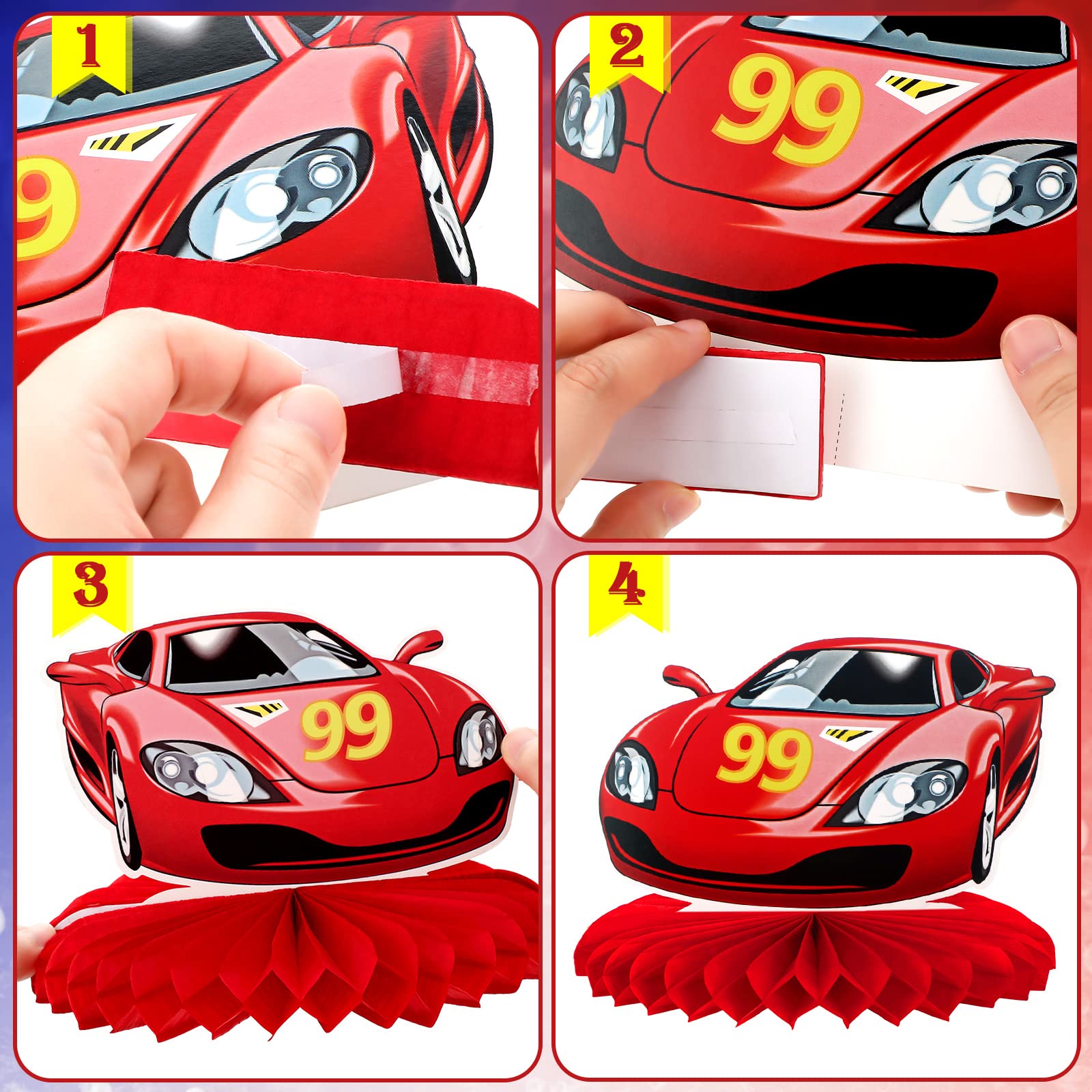 9 Pieces Race Car Party Decorations Race Car Honeycomb Centerpieces Racing Party Table Decor Double-Sided Cars Photo Booth Props for Birthday Baby Shower Race Car Theme Party Supplies