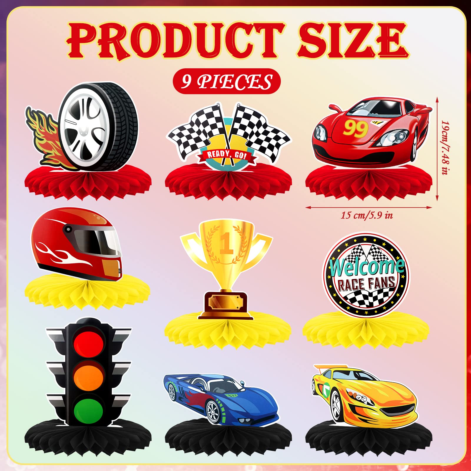 9 Pieces Race Car Party Decorations Race Car Honeycomb Centerpieces Racing Party Table Decor Double-Sided Cars Photo Booth Props for Birthday Baby Shower Race Car Theme Party Supplies