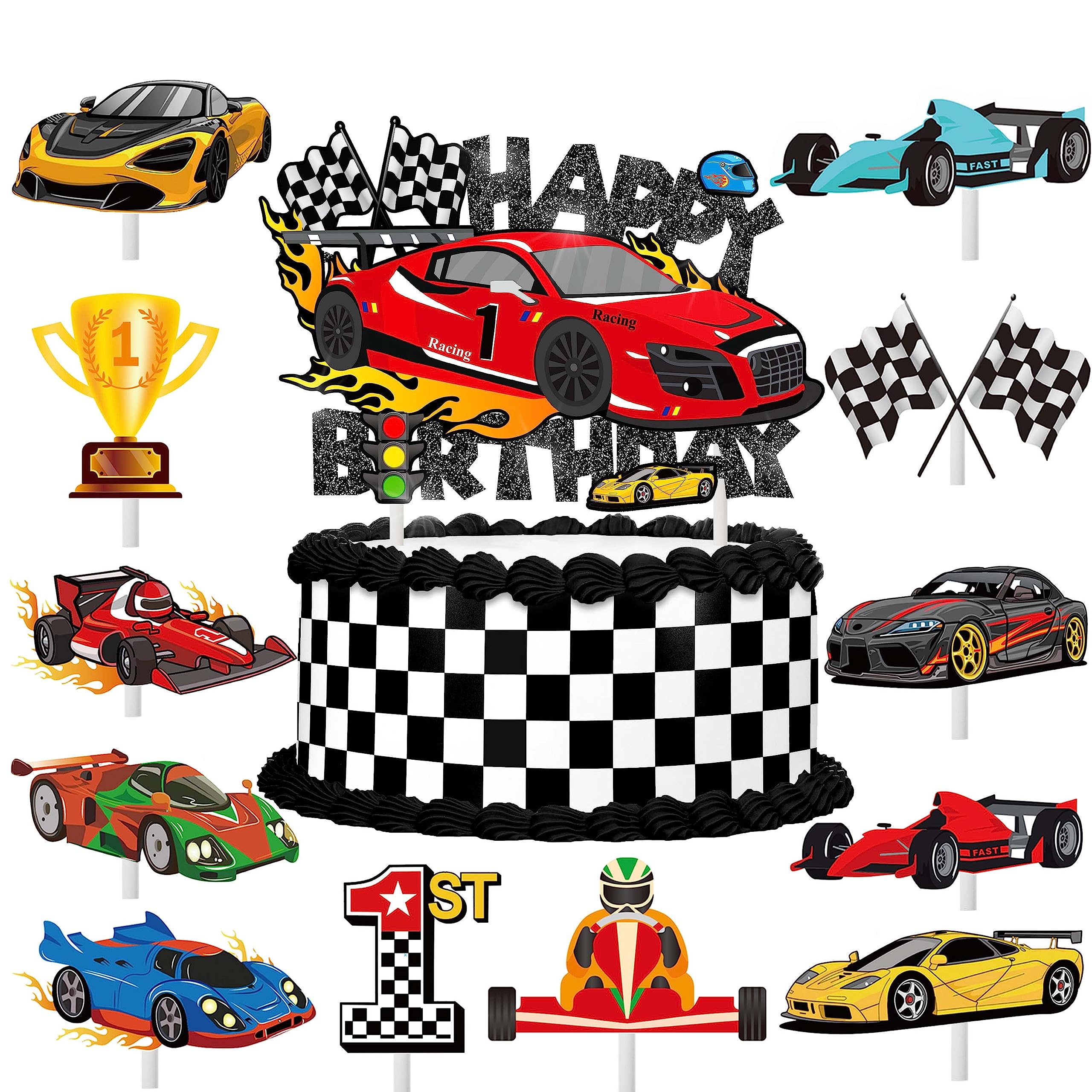 37pcs Race Car Birthday Cake Decorations Racing Car Cupcake Toppers Glitter Race Car Cake Toppers Decorations Racing Car Themed Party Favors for Kids Race Car Themed Birthday Party Supplies