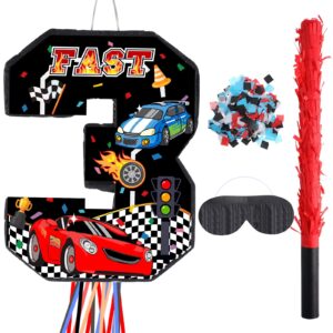 race car number pinata girl pull string fast pinata small racing theme pinata with blindfold stick confetti for boys birthday decorations party supplies (number 3)