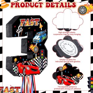 Race Car Number Pinata Girl Pull String Fast Pinata Small Racing Theme Pinata with Blindfold Stick Confetti for Boys Birthday Decorations Party Supplies (Number 3)