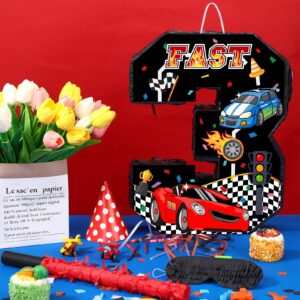 Race Car Number Pinata Girl Pull String Fast Pinata Small Racing Theme Pinata with Blindfold Stick Confetti for Boys Birthday Decorations Party Supplies (Number 3)