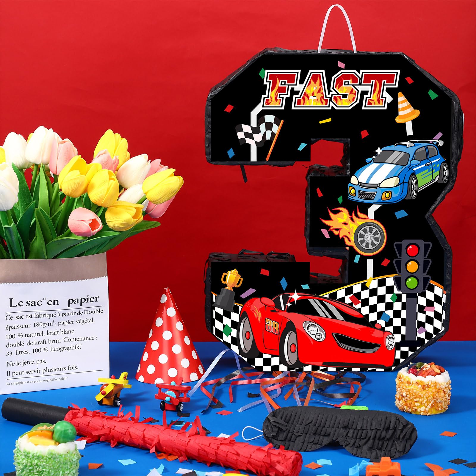 Race Car Number Pinata Girl Pull String Fast Pinata Small Racing Theme Pinata with Blindfold Stick Confetti for Boys Birthday Decorations Party Supplies (Number 3)