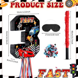 Race Car Number Pinata Girl Pull String Fast Pinata Small Racing Theme Pinata with Blindfold Stick Confetti for Boys Birthday Decorations Party Supplies (Number 3)