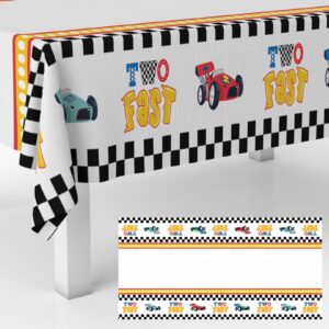 two fast birthday tablecloths racing car theme racetrack number checkered table cover supplies for boys 2nd birthday party racing car theme party baby shower dining room kitchen decor, 53" x 98"