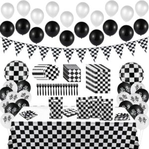 beyumi 127pack race car checkered party supplies decoration kit, including banner pennant balloons tablecloth tableware goodies gift bags, black and white party decorations pack, serves 20 guests