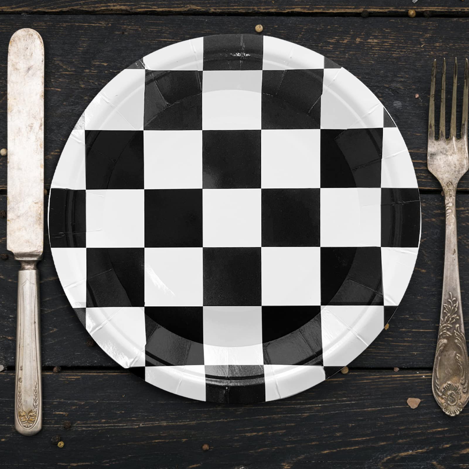 CIEOVO 50 Count Disposable Black and White Checkered Party Plates Racing Car Party Dinner Dessert Plates for Racing Race Sports Theme Birthday Baby Shower Party Supplies