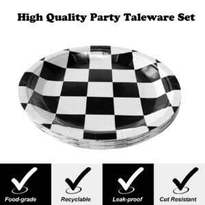 CIEOVO 50 Count Disposable Black and White Checkered Party Plates Racing Car Party Dinner Dessert Plates for Racing Race Sports Theme Birthday Baby Shower Party Supplies