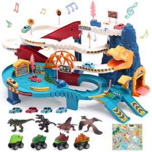 cute stone race track playset with 4 mini cars, 4 dino pull back cars, dinosaur figures, educational toy vehicle playset for 3-5 year old kids