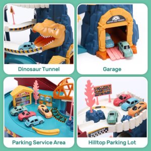 CUTE STONE Race Track Playset with 4 Mini Cars, 4 Dino Pull Back Cars, Dinosaur Figures, Educational Toy Vehicle Playset for 3-5 Year Old Kids