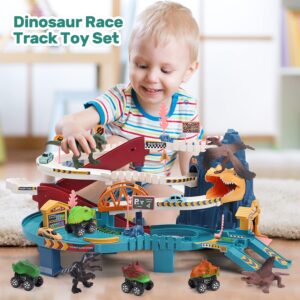 CUTE STONE Race Track Playset with 4 Mini Cars, 4 Dino Pull Back Cars, Dinosaur Figures, Educational Toy Vehicle Playset for 3-5 Year Old Kids