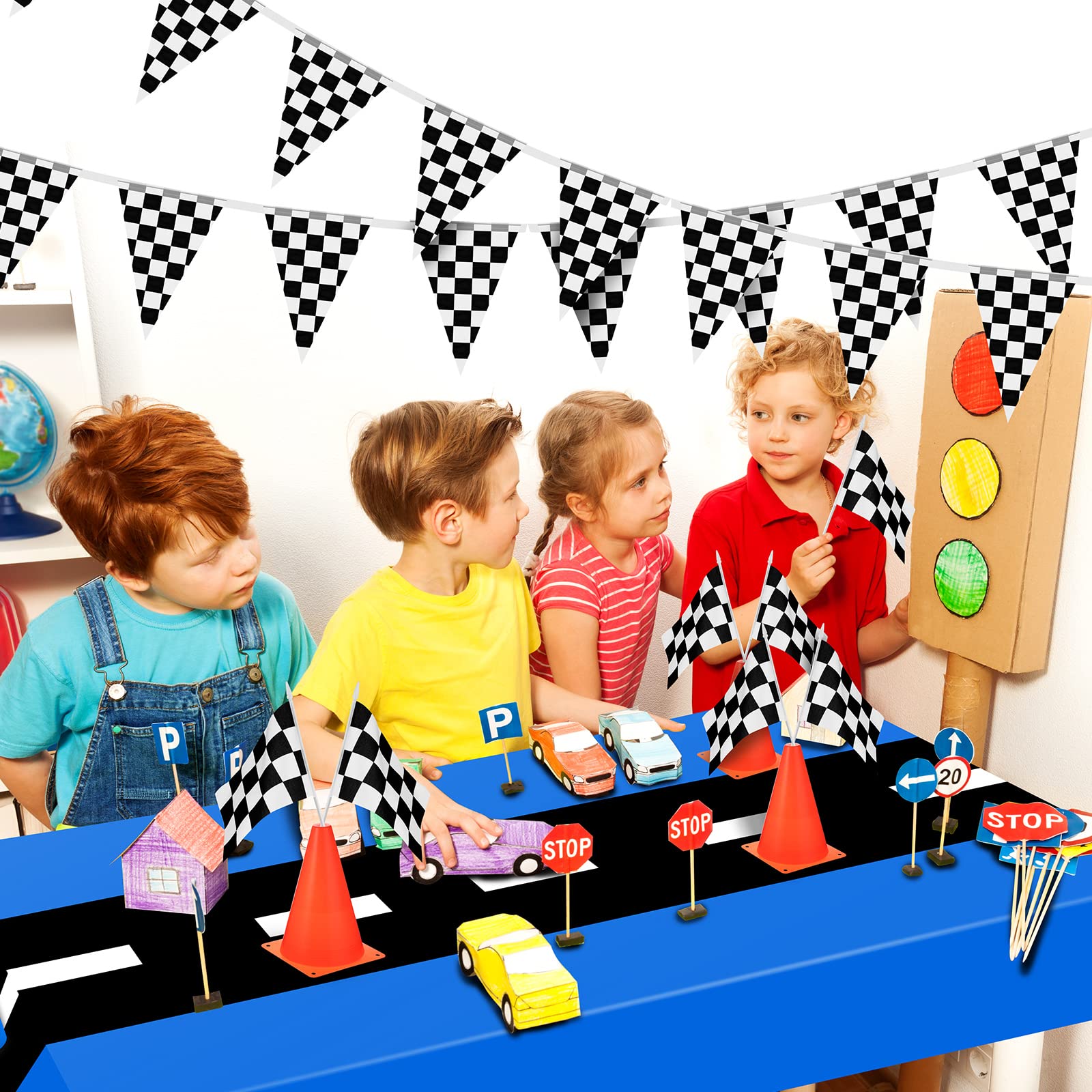 Irenare Car Birthday Party Supplies Racing Party Decorations Road Tablecloth Racetrack Table Runner Table Covers for Kids Boy Car Theme Birthday Party, 54 x 108 Inch (Blue,3 Sheets)