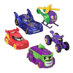 fisher-price dc batwheels 1:55 scale toy cars 5-pack, bam batmobile redbird prank bibi & quizz, batcast metal diecast vehicles, ages 3+