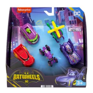 Fisher-Price DC Batwheels 1:55 Scale Toy Cars 5-Pack, Bam Batmobile Redbird Prank Bibi & Quizz, Batcast Metal Diecast Vehicles, Ages 3+