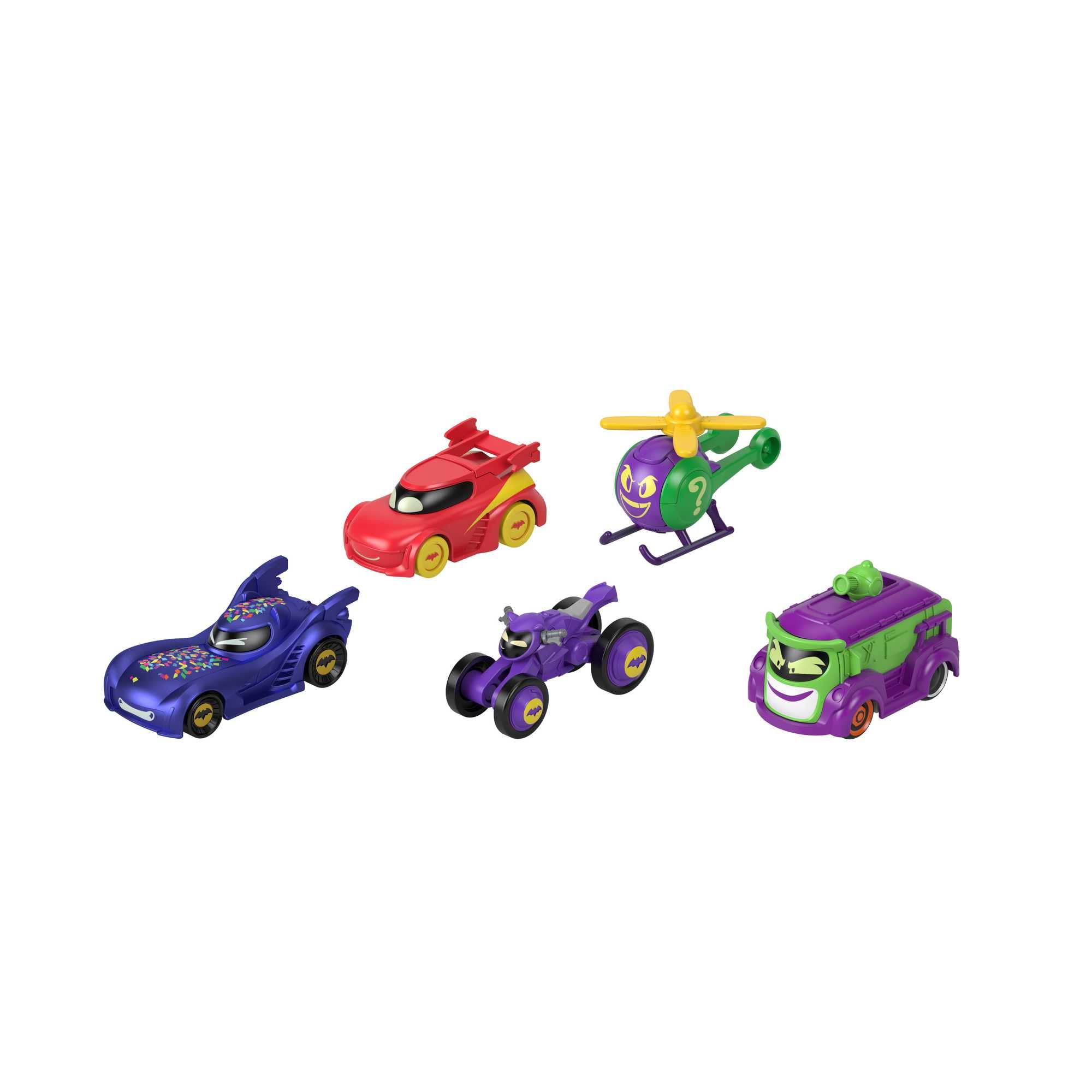 Fisher-Price DC Batwheels 1:55 Scale Toy Cars 5-Pack, Bam Batmobile Redbird Prank Bibi & Quizz, Batcast Metal Diecast Vehicles, Ages 3+