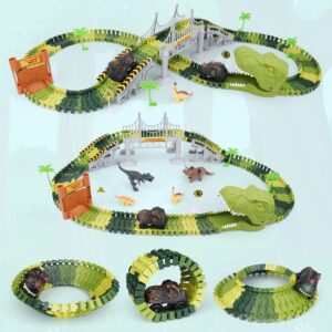 Dinosaur World Race Track Toys for Kids - Best Birthday Gifts for Age 3 4 5 6 7 year old Boys and Girls, PREPOP Deluxe Dino Sets, 220 pcs