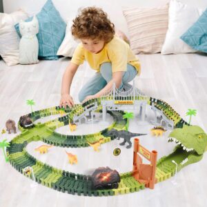 Dinosaur World Race Track Toys for Kids - Best Birthday Gifts for Age 3 4 5 6 7 year old Boys and Girls, PREPOP Deluxe Dino Sets, 220 pcs