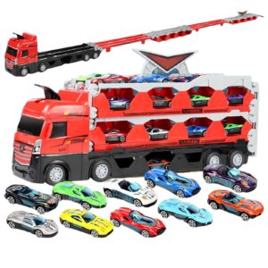 peticehi mega hauler truck with ejection race track, kids deform catapulting and shooting big truck folding storage transporter toy, toy truck transporter car carrier for kids 3+ years old (8 car)