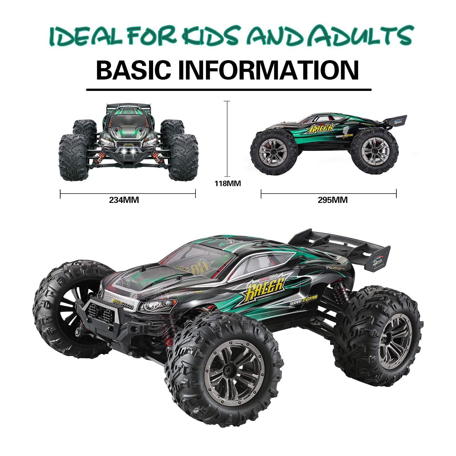 MIEBELY RC Cars 1:16 Scale All Terrain 4x4 Remote Control Car for Adults & Kids,40+ KM/H Waterproof Off-Road RC Trucks,High Speed Electronic 2.4Ghz Radio Controller,2 Batteries,2 Car Bodies (green)