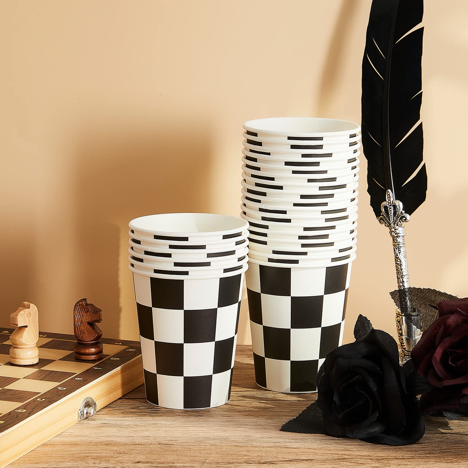 Checkered Cups 9 oz Checkered Paper Flag Race Car Party Cups Black and White Party Cups Bulk Disposable Beverage Cups for Race Car Checkered Themed Birthday Party(36 Pieces)