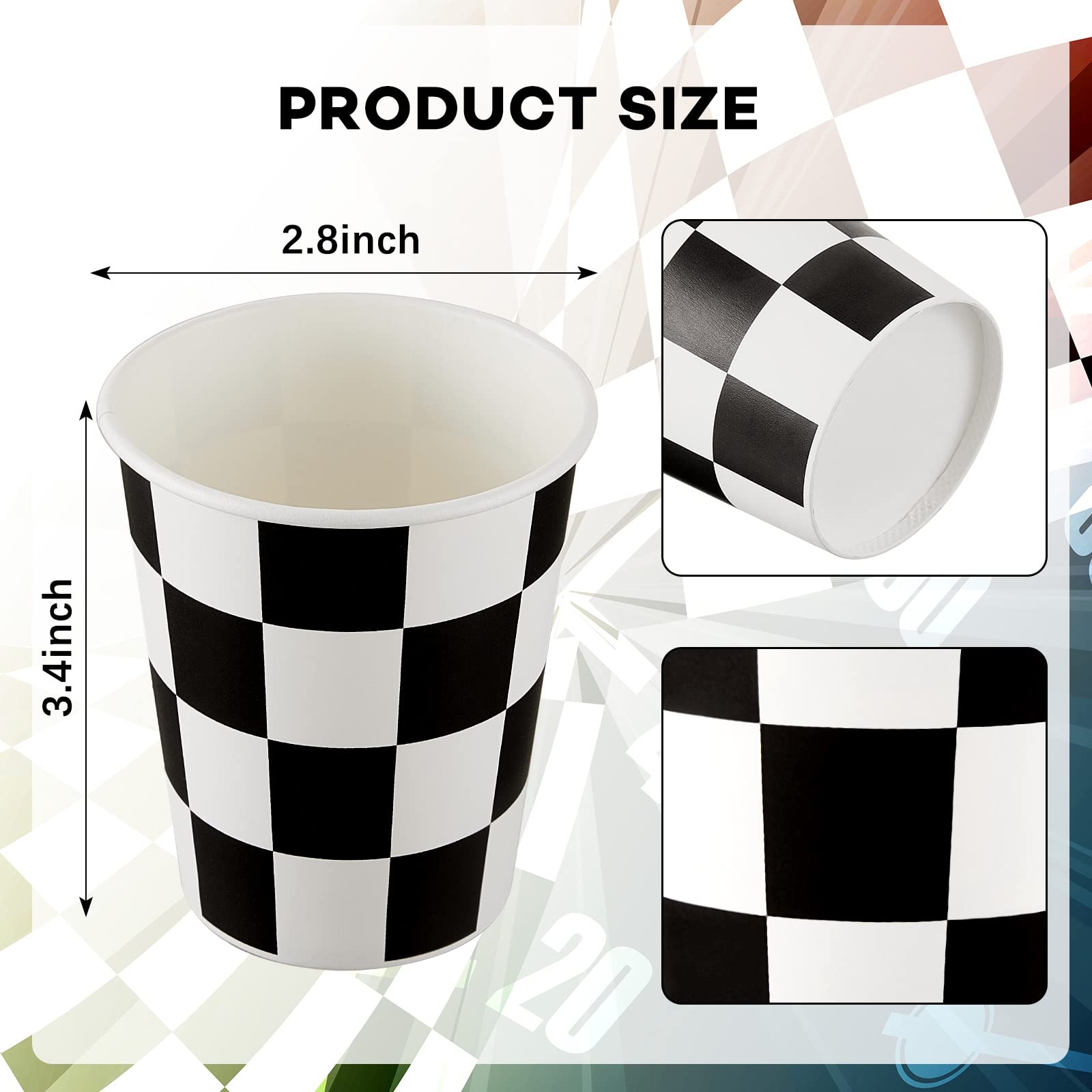 Checkered Cups 9 oz Checkered Paper Flag Race Car Party Cups Black and White Party Cups Bulk Disposable Beverage Cups for Race Car Checkered Themed Birthday Party(36 Pieces)