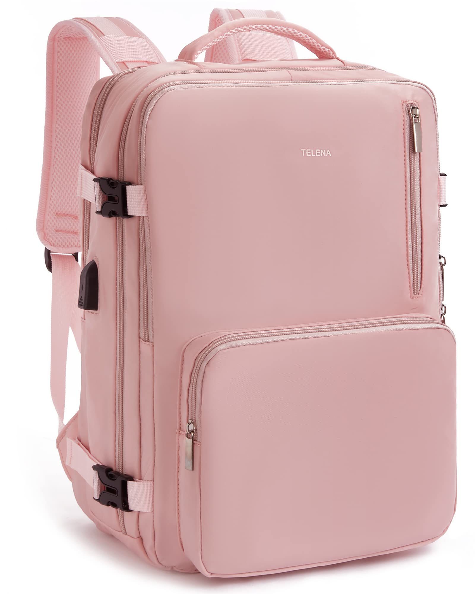 Telena Travel Backpack for Women Large Carry On Backpack Airline Approved Personal Item Backpack with USB Charging Port Waterproof Casual Bag, Pink