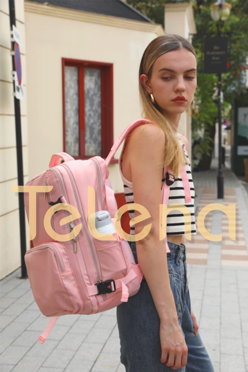 Telena Travel Backpack for Women Large Carry On Backpack Airline Approved Personal Item Backpack with USB Charging Port Waterproof Casual Bag, Pink